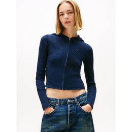 Tommy Jeans Damen Strickjacke &raquo;TJW ESSENTIAL ZIPPER HOOD CARDI&laquo; mit Zopfstrickmuster und Kapuze blau L (40)