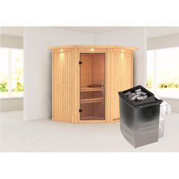 Karibu Sauna &raquo;&raquo;Liyah&laquo; mit Klarglast&uuml;r und Dachkranz&laquo; in verschiedenen Ausf&uuml;hrungen erh&auml;ltlich beige Saunaofen, integrierte Steuerung, (ohne Ofen)