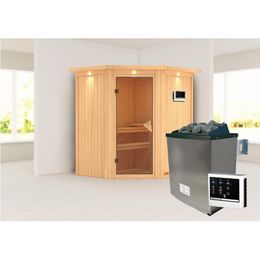 Karibu Sauna &raquo;&raquo;Liyah&laquo; mit bronzierter T&uuml;r und Kranz naturbelassen&laquo; Set, in verschiedenen Ausf&uuml;hrungen erh&auml;ltlich beige Saunaofen, externe Steuerung, (ohne 
