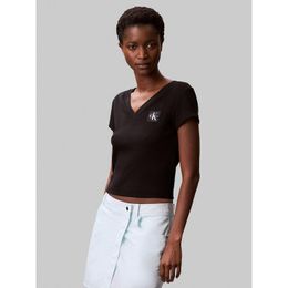 Calvin Klein Jeans Damen T-Shirt &raquo;A- SS WOVEN LABEL RIB VNECK TEE&laquo; mit gewebtem Label schwarz L (42)