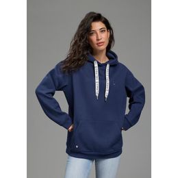 Delmao Damen DELMAO Kapuzensweatshirt, Weiche Baumwollmischung mit K&auml;ngurutasche und bedruckter Kordel blau 36/38