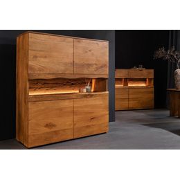 Riess Ambiente Massives Highboard GRAND 120cm braun Mangoholz mit LED-Beleuchtung Riess-Ambiente Natur Rustikal