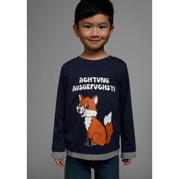 Kidsworld Jungen Kidsworld Langarmshirt &raquo;ACHTUNG AUSGEFUCHST&laquo; Shirt mit coolem Fuchsdruck blau 104/110