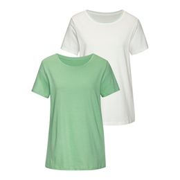 Vivance Damen T-Shirt &raquo;mit modischer Kontraststickerei&laquo; Packung, 2er-Pack, aus weicher Baumwoll-Qualit&auml;t gr&uuml;n 32/34