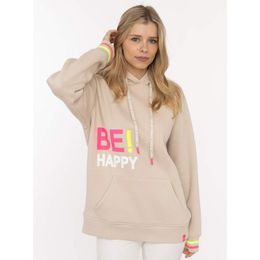 Zwillingsherz Damen Hoodie &raquo;"Be Happy!"&laquo;, gestreifte B&uuml;ndchen, Aufdruck auf Brust, Kapuze, K&auml;ngurutasche S/M