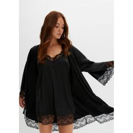 bonprix Morgenmantel Set, 2 Stk. im Kimono-Stil mit Neglig&eacute;, mit hochwertiger Spitze schwarz Satin 36/38 (S)