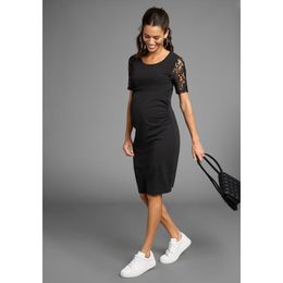 Neun Monate Damen Umstandskleid &raquo;Schwangerschaftkleid mit Spitze&laquo; Jersey-Kleid f&uuml;r Schwangerschaft und Stillzeit schwarz 36/38, N-Gr