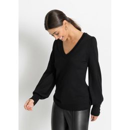 bonprix Damen bonprix Strickpullover &raquo;Feinstrickpullover aus Viskose-Mix&laquo; aus Viskose-Mix, mit V-Ausschnitt, Ballon&auml;rmel mit Zierkn&ouml;pfen schwarz 36/38