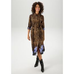 Aniston Casual Damen Aniston CASUAL Blusenkleid mit abnehmbarem Bindeg&uuml;rtel, mit Bl&uuml;ten-Bord&uuml;re und Leo-Print schwarz 38, N-Gr
