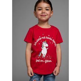 Kidsworld M&auml;dchen Kidsworld T-Shirt &raquo;Mit Einhorn-Druck und Glitzereffekten&laquo; mit stylischem Einhorn-Print rot 116/122