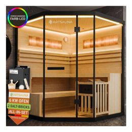 Artsauna&reg; Traditionelle Sauna Vantaa schwarz - moderne Indoorsauna f&uuml;r 3 Personen, Hemlock Holz, Sicherheitsglas, RGB LED Beleuchtung mit Fernbedienung, Saunaofen 6 kW