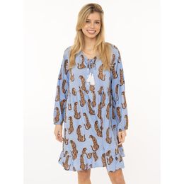 Zwillingsherz Damen Sommerkleid &raquo;"Loevely Leopard"&laquo; Leopardenmotiv, mit Tassel, lange &Auml;rmel, figurumspielend blau S/M, N-Gr