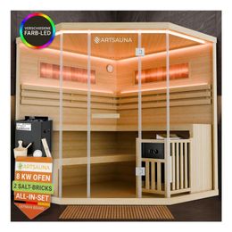 Artsauna&reg; Traditionelle Sauna Vantaa Natur - moderne Indoorsauna f&uuml;r 4 Personen, Hemlock Holz, Sicherheitsglas, RGB LED Beleuchtung mit Fernbedienung, Saunaofen 8 kW