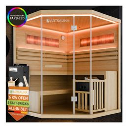 Artsauna&reg; Traditionelle Sauna Vantaa natur - moderne Indoorsauna f&uuml;r 3 Personen, Hemlock Holz, Sicherheitsglas, RGB LED Beleuchtung mit Fernbedienung, Saunaofen 6 kW