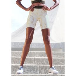 active by Lascana Lascana Active Damen LASCANA ACTIVE Funktionsshorts mit gl&auml;nzendem 3D Schriftzug auf dem Bund gold XS (32/34), N-Gr