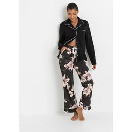 bonprix Damen bonprix Pyjama Set, 2 bequeme Passform, aus Baumwolle schwarz 56/58 (XXXL)
