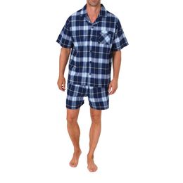Normann Kurzarm Flanell Schlafanzug Shorty Pyjama kariert - 88113 in marine | Gr.: 54