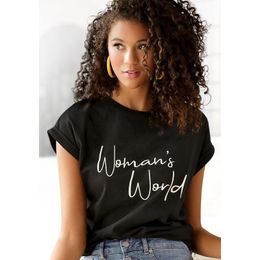 Lascana Damen Lascana T-Shirt mit Frontprint, Kurzarmshirt aus Baumwolle, Basic schwarz 36/38