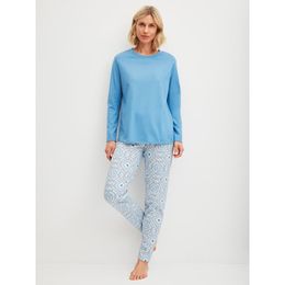 Calida Damen Calida Schlafanzug &raquo;Cotton Special&laquo; 2 tlg. Langarm, bequem, Baumwolle, Rundhals-Ausschnitt blau L (48/50)