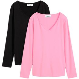bonprix Damen bonprix Langarmshirt &raquo;Figurbetontes Langarmshirt (2er Pack)&laquo; Packung, 2 Stk. Slim fit Passform, mit V-Ausschnitt, aus Baumwolle und 