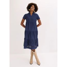 bonprix Damen bonprix Tunikakleid lockere Tunika-Form, mit Lochstickerei, Kurzarm-Design, aus Baumwolle blau 44, N-Gr