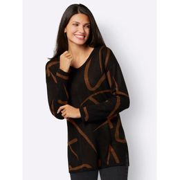 Sieh an! Longpullover in schwarz-cognac-gemustert | Gr.: 42