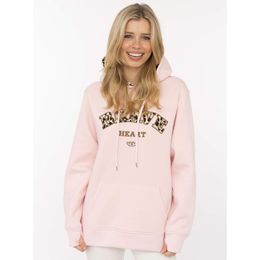 Zwillingsherz Damen Hoodie &raquo;"BRAVE Heart"&laquo;, gesticktes Leo Motiv, Kapuze mit Leomuster, K&auml;ngurutasche rosa L/XL