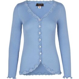 rosemunde Damen rosemunde Strickjacke &raquo;Babette Silk Cardigan mit Seide&laquo; Vintage-Spitzenbesatz, Perlmuttknopfleiste, Langarm, Seidenmix blau L