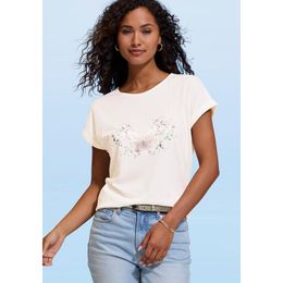 Vivance Damen T-Shirt &raquo;mit gl&auml;nzendem Frontprint&laquo; aus angenehmer Baumwoll-Modal-Qualit&auml;t beige 32/34