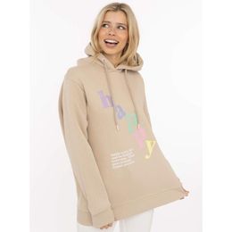 Zwillingsherz Damen Hoodie &raquo;"happy"&laquo;, gro&szlig;er &bdquo;Happy&ldquo; Print, Kapuze mit Kordel, elastische B&uuml;ndchen beige S/M