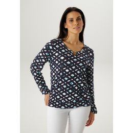 Aniston Selected Damen Aniston SELECTED Langarmshirt mit Cut-out und dekorative Mosaik-Musterung blau 46