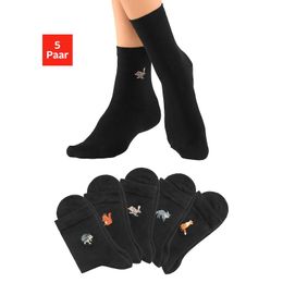 H.I.S. H.I.S Damen Socken &raquo;Lustige Damensocken, Kindersocken mit Stickerei Motiven&laquo; Packung, 5 Paar tlg. mit hochwertiger Stickerei, Baumwollsocken schwarz 