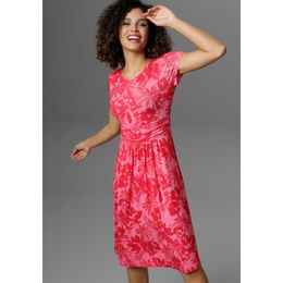 Aniston Selected Damen Aniston SELECTED Sommerkleid mit Palmen und Bl&uuml;ten in Knallfarbe pink 36, N-Gr