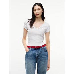Tommy Jeans Damen Kurzarmshirt &raquo;TJW SLIM ESSENTIAL RIB V SHORT SLEEVE&laquo; mit gerippter Struktur, V-Ausschnitt, Slim Fit wei&szlig; L (40)