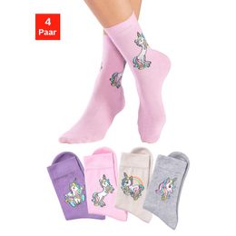 H.I.S. H.I.S Damen Basicsocken &raquo;Kinder M&auml;dchen Lustige bunte Socken&laquo; Packung, 4 Stk. tlg. mit Einhorn Motiven aus Baumwolle bunt 23-26