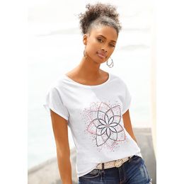 Buffalo Damen T-Shirt &raquo;mit modischem Frontdruck&laquo; Sommershirt aus luftiger Baumwoll-Qualit&auml;t wei&szlig; 48/50