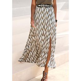 Lascana Damen Lascana Maxirock &raquo;mit Schlitz vorne seitlich und Alloverdruck&laquo; langer Sommerrock, luftiger Jerseyrock, bequemer Rock mit Gummibund beige