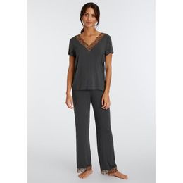 Lascana Damen Lascana Pyjama Set, 2 mit bunten Spitzendetails grau 32/34