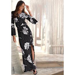 Lascana Damen Lascana Maxikleid &raquo;mit Blumenprint und Schulter-Cut-Outs, 3/4-&Auml;rmel&laquo; Ohne Taschen Sommerkleid mit hohem Schlitz, softes Jerseykleid, 