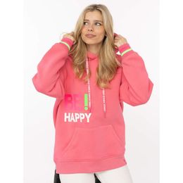 Zwillingsherz Damen Hoodie &raquo;"Be Happy!"&laquo;, gestreifte B&uuml;ndchen, Aufdruck auf Brust, Kapuze, K&auml;ngurutasche L/XL