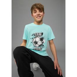 Kidsworld Jungen Kidsworld T-Shirt &raquo;Shirt mit Fu&szlig;ballmotiv: GOAL TIME&laquo; f&uuml;r Jungen, Kurzarm, Rundhalsausschnitt blau 128/134