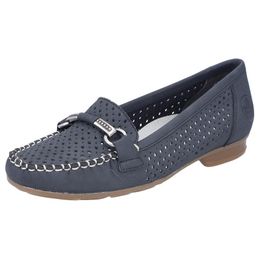 Rieker Damen Mokassin Slipper, Sommerschuh mit toller Schmuckspange blau 37
