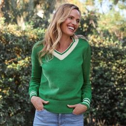 LANDS' END Tennispullover DRIFTER mit V-Ausschnitt f&uuml;r Damen in Petite-Gr&ouml;&szlig;e, Damen, size: petite, Gr&uuml;n, Baumwolle, by Lands' End
