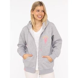 Zwillingsherz Damen Sweatjacke &raquo;"Salty & Happy"&laquo; Kapuze, Langarm, Rei&szlig;verschluss, modisch, maritim, Kordelzug grau L/XL