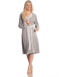 Vossen Damenbademantel &raquo;Juno, ideal f&uuml;r Sauna & Spa, Hotelbademantel, Morgenmantel&laquo; 1 Stk. mit Kapuze, gestreifte Akzente grau Nicki-Velours M L: 100cm