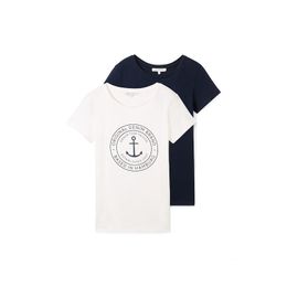 Tom Tailor Denim Damen Tom Tailor Denim T-Shirt Packung, 2 Stk. Doppelpack mit Logo-Print blau M (38)