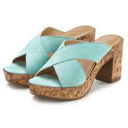 Lascana Damen Lascana Pantolette &raquo;Sommerschuh, offener Schuh, Sandalette, Mule,&laquo; aus Leder mit Blockabsatz in Kork-Optik blau 42