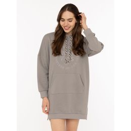 Zwillingsherz Damen Sweatkleid &raquo;"Wild Vibes"&laquo; K&auml;ngurutasche praktische Fronttaschen, Leo-Kordel, tonale Stickerei grau XS, N-Gr