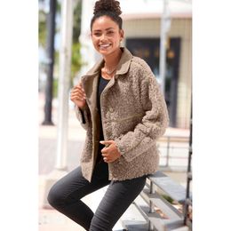 Lascana Damen Lascana Fellimitatjacke &raquo;mit Lederimitat-Eins&auml;tzen und Knopfleiste, Teddyjacke&laquo; Sherpa-Jacke aus Teddypl&uuml;sch mit Taschen, &Uuml;bergangsjacke