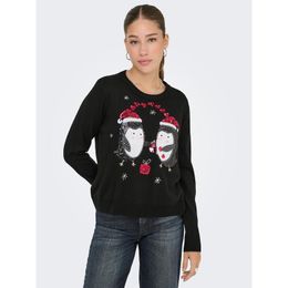 Only Damen Only Weihnachtspullover &raquo;ONLXMAS SHINE LS ONECK KNT&laquo; Kunstfaser, Weihnachtsmotiv, Pailletten schwarz M